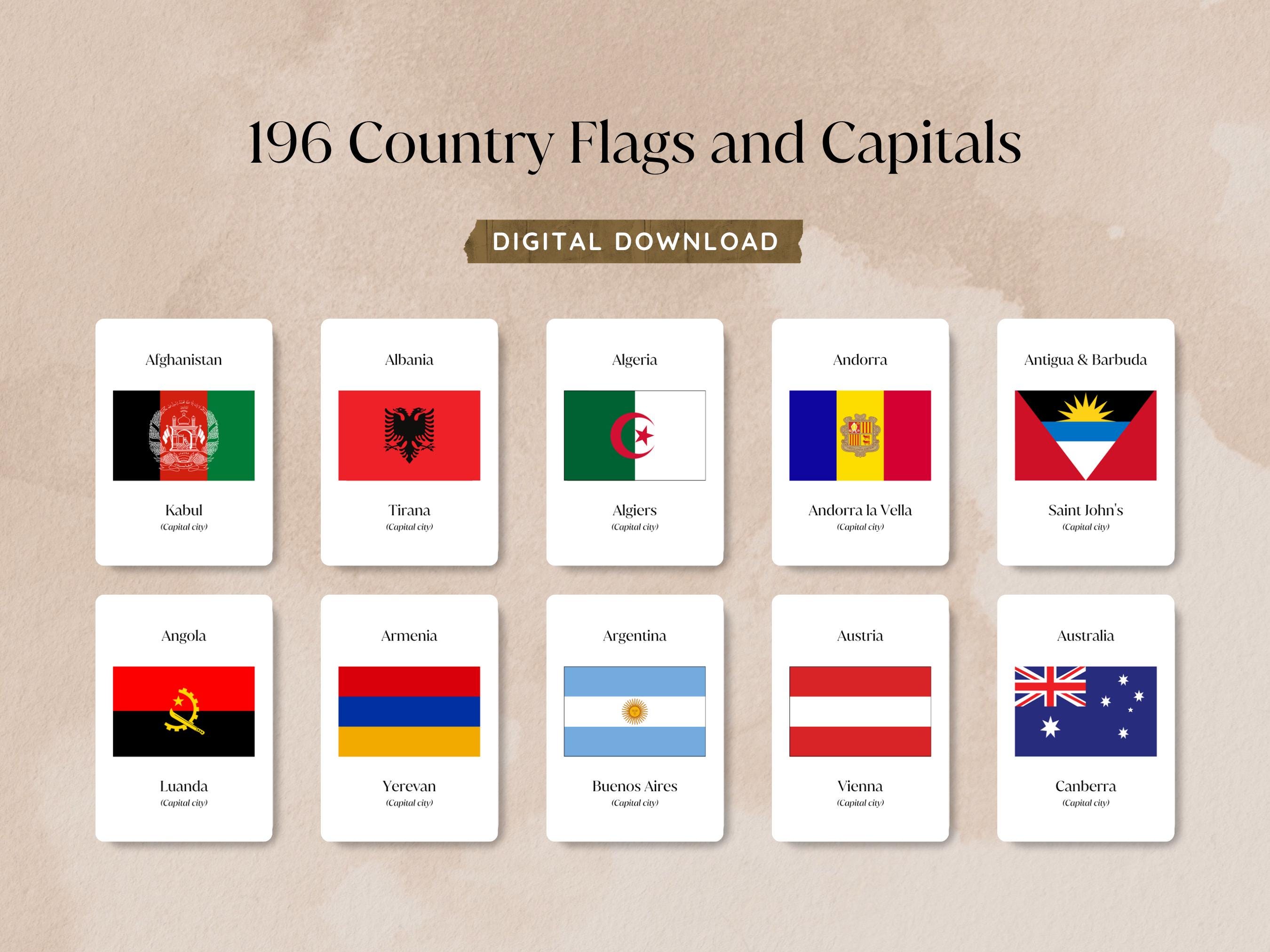 196 Country Flags and Capitals Flashcards, World Flags Printable ...