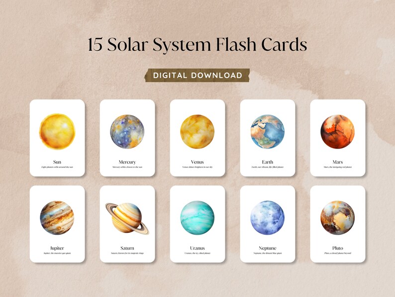 Solar System Flash Cards: Watercolor Planets, Montessori Homeschool ...