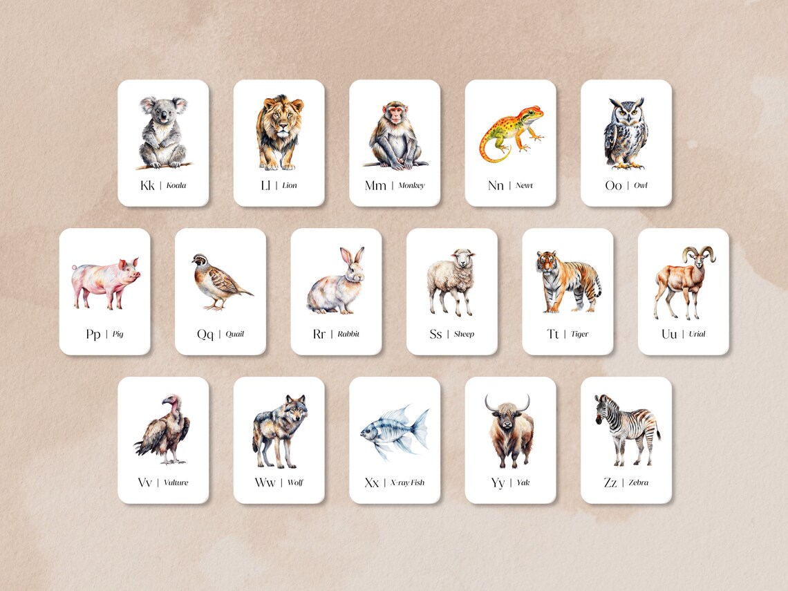 Watercolor Animal Alphabet Flash Cards: Montessori Learning (digital ...