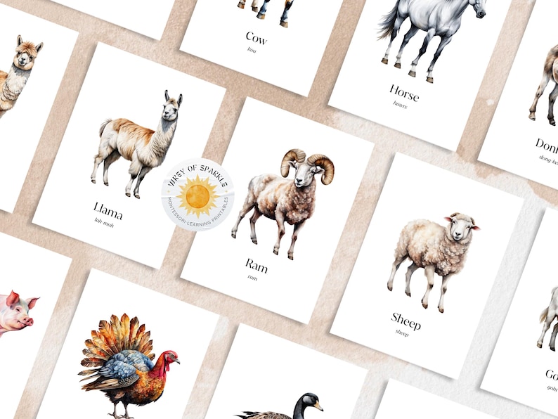 FARM ANIMALS, 25 Printable Montessori Cards, Flash Cards Nomenclature ...