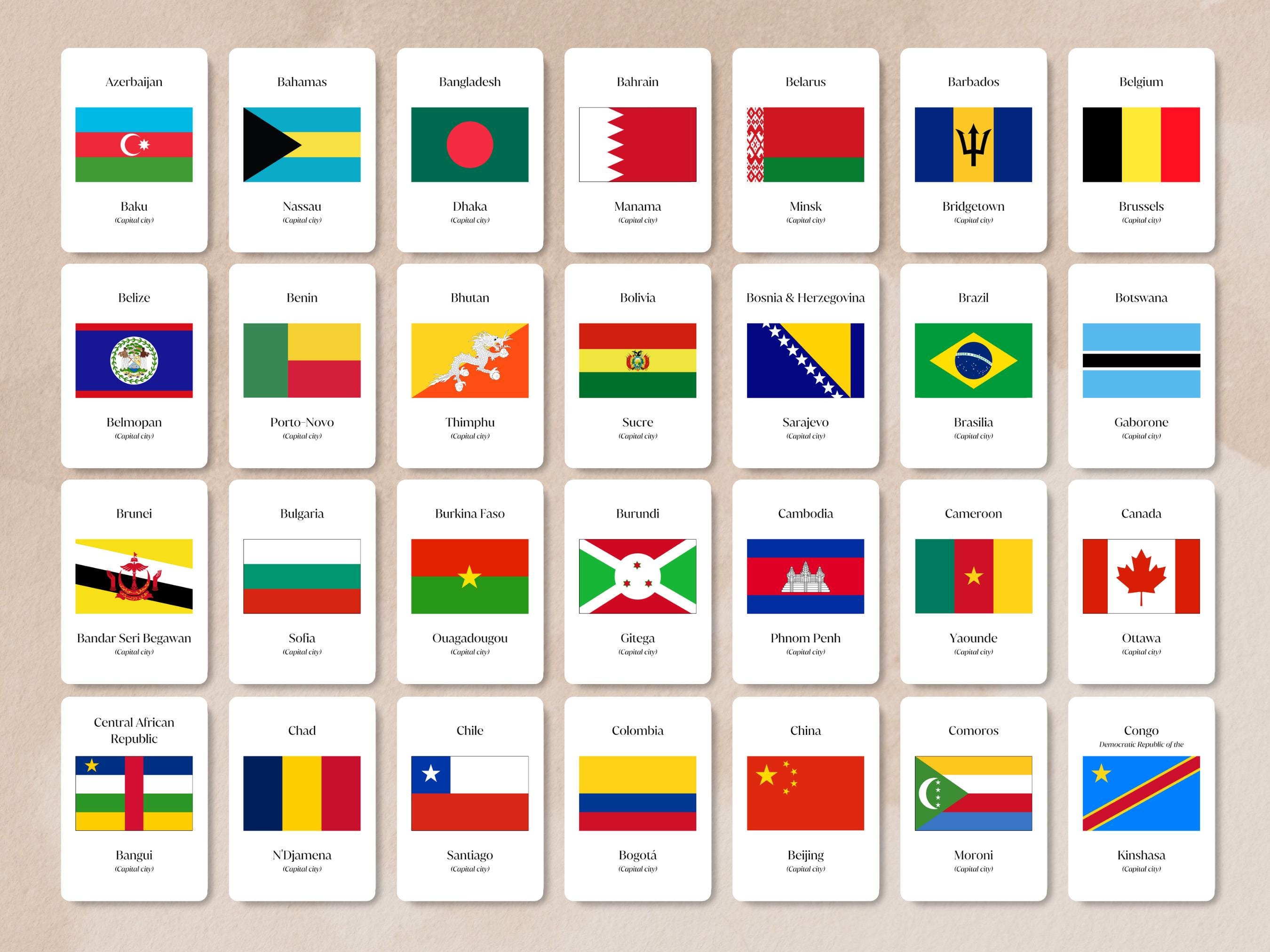 196 Country Flags and Capitals Flashcards, World Flags Printable ...