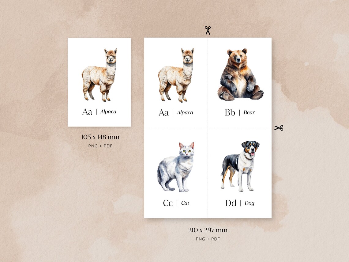 Watercolor Animal Alphabet Flash Cards: Montessori Learning (digital ...