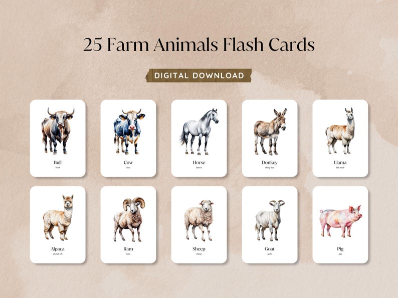 FARM ANIMALS, 25 Printable Montessori Cards, Flash Cards Nomenclature ...