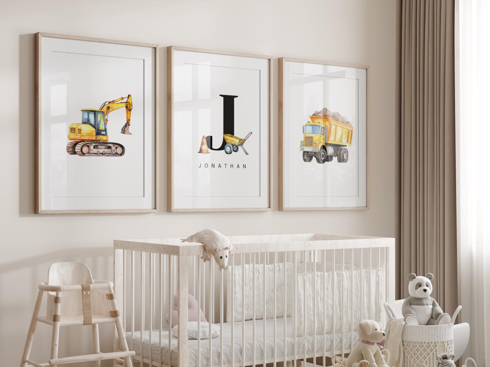 Set of 3 Construction Digger Truck Nursery Prints, Personalised Vehicle ...
