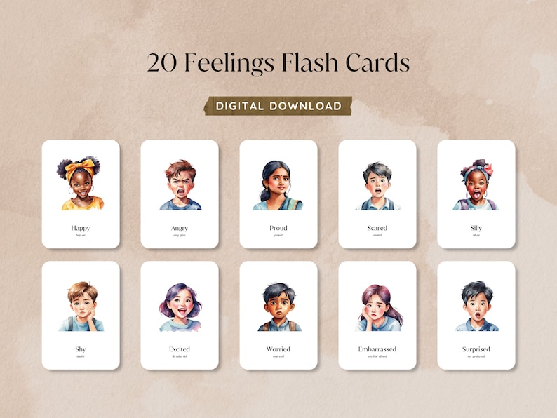 20 Kids Feelings Flash Cards, Feelings Cards, Homeschool Material ...