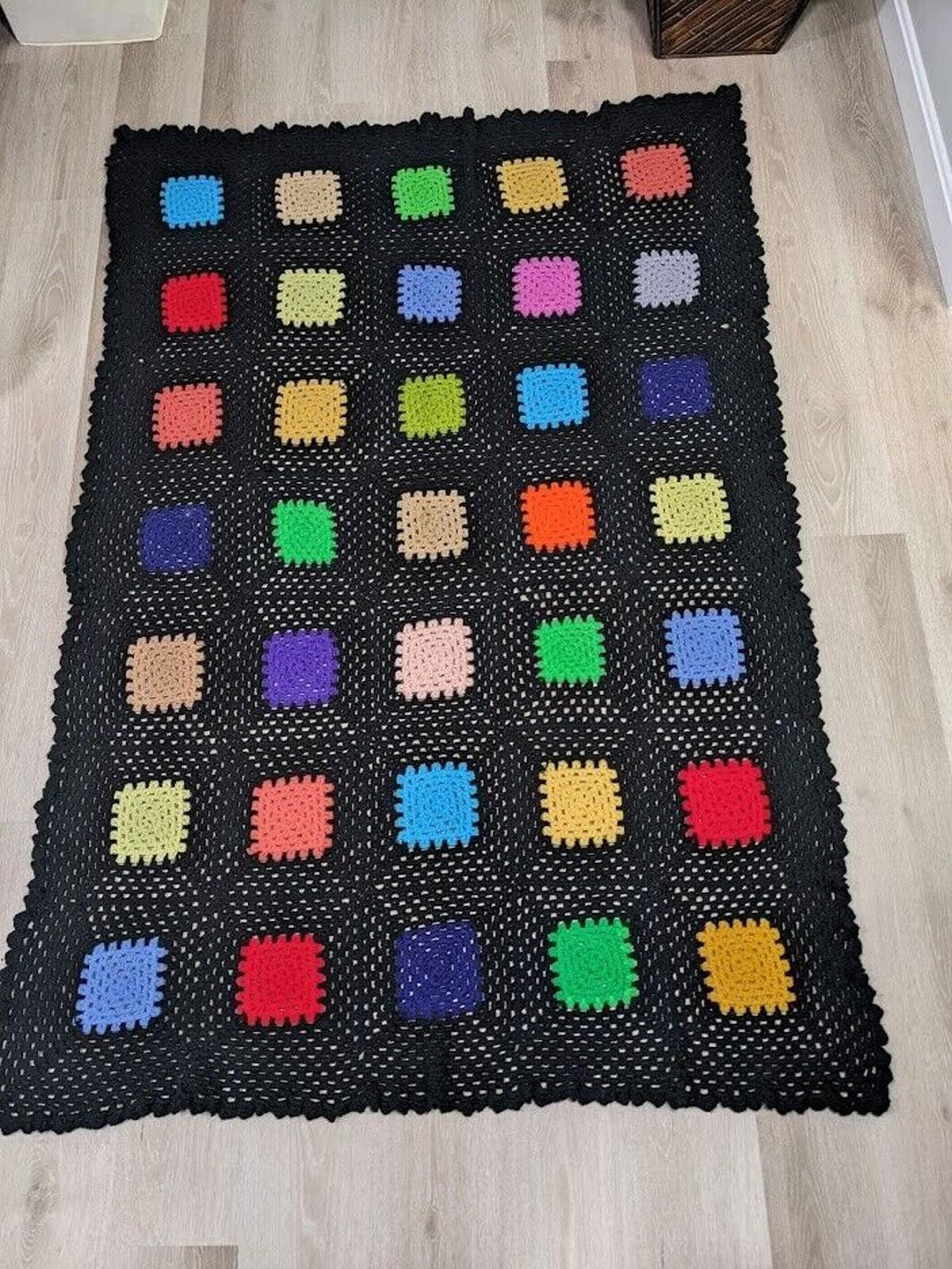 Vintage Handmade Throw, Granny Square Afghan, Black Border, Colorful ...