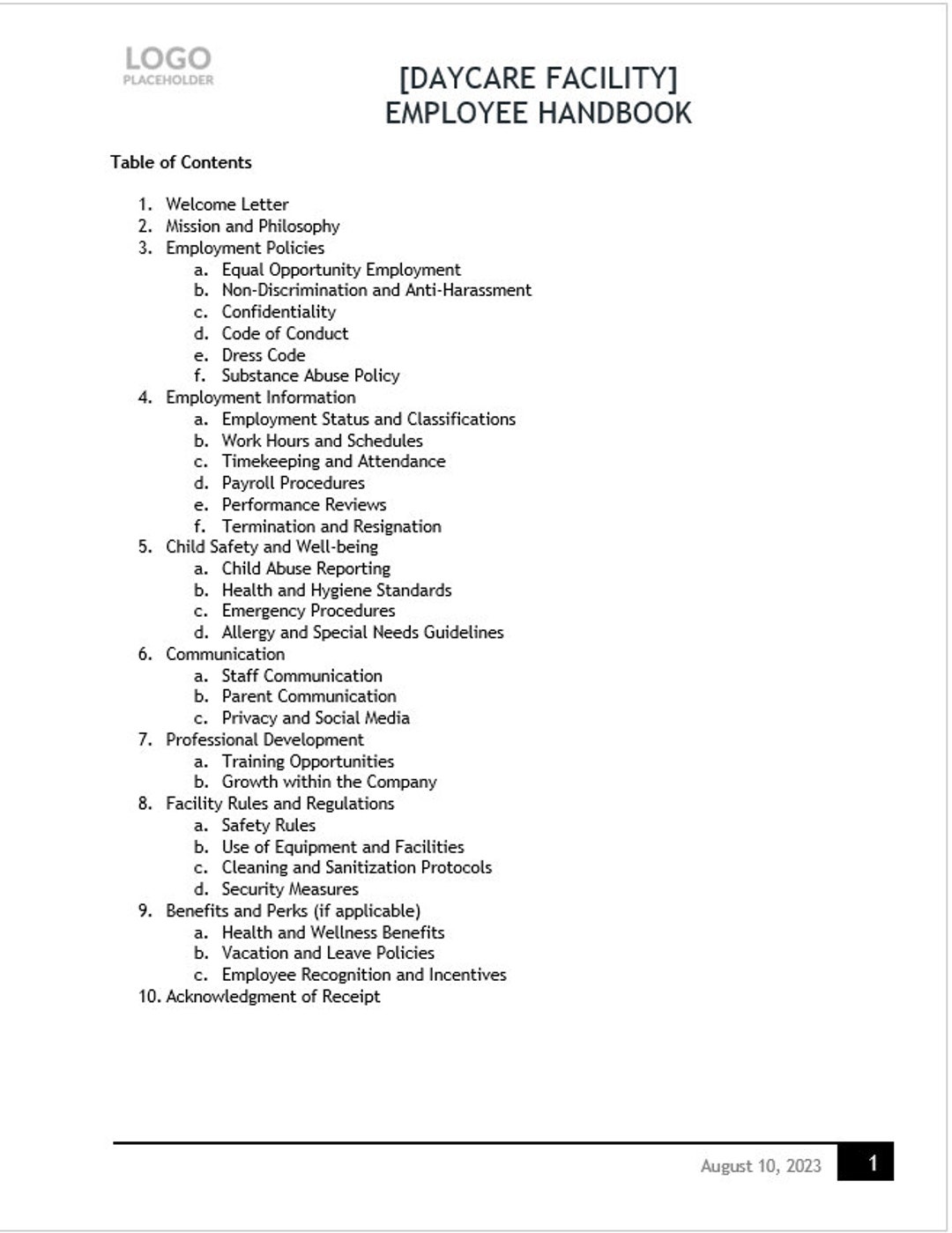 Daycare Facility Employee Handbook Template welcome Letter, Mission ...