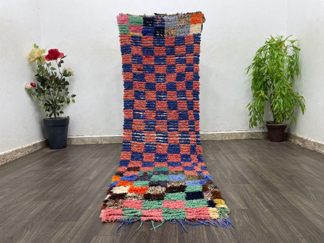 Eccentric Abstract Red Handmade Checker Rug Runner - Berber Bohemian ...