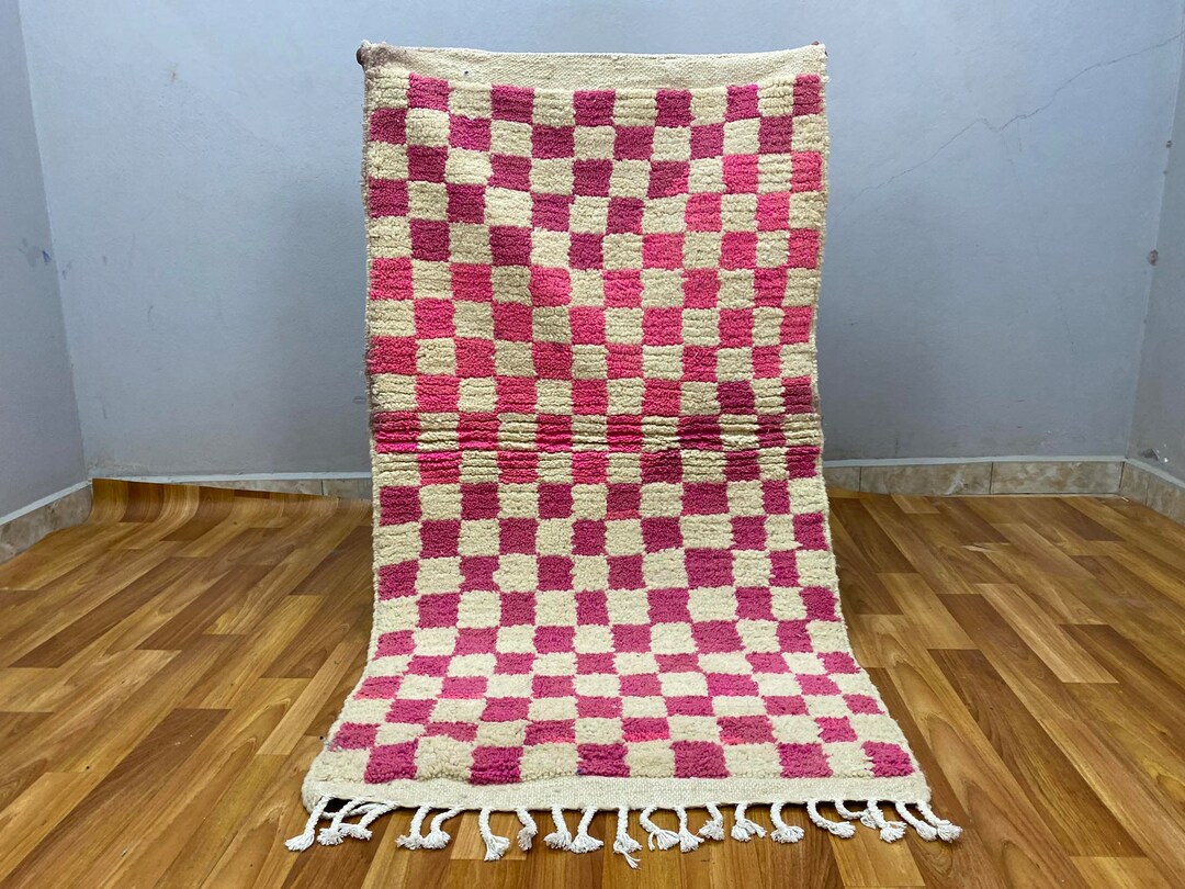 3x7 Boucherouite Rug Pink Checkered Rug Bohemian Rug Wedding Home Decor ...