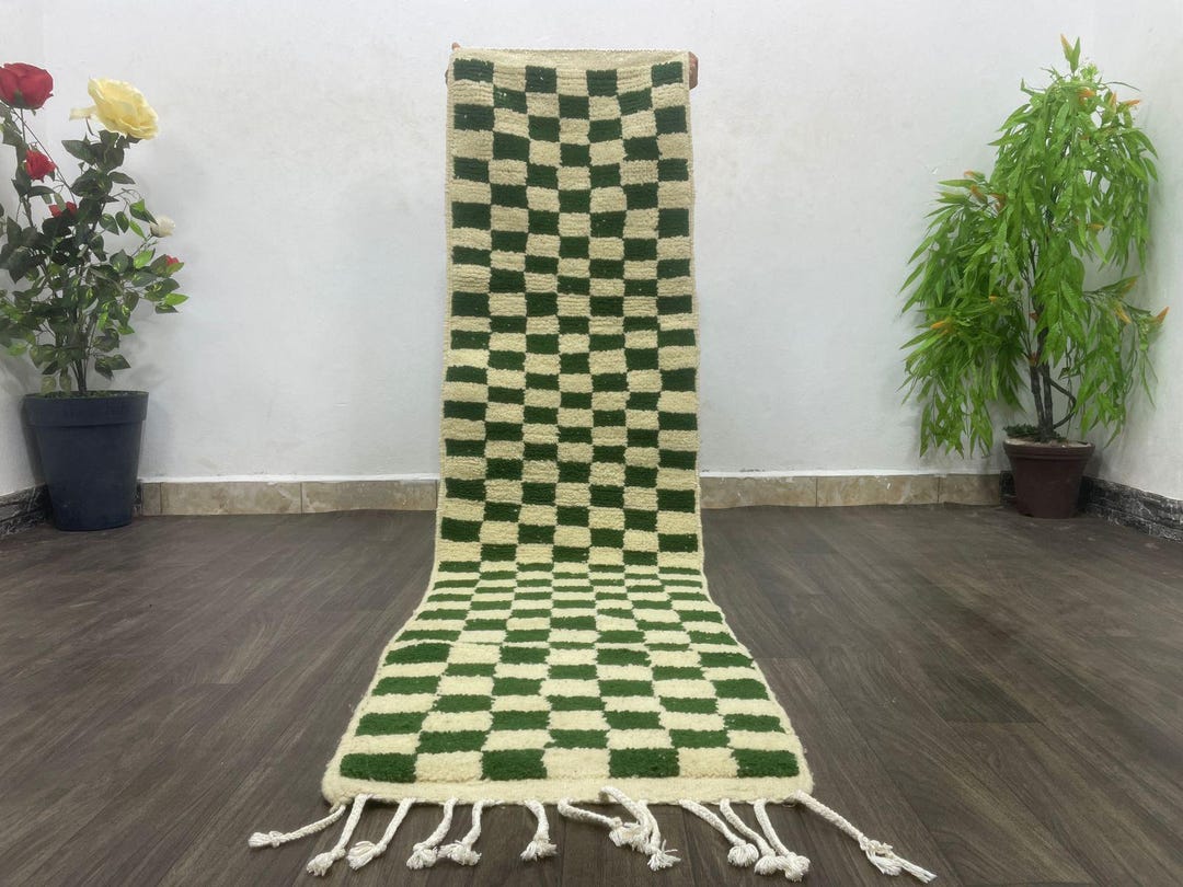 Green Checkered Rug Runner for Kitchen Decor Boho, Boujaad Carpet 2x7 ...