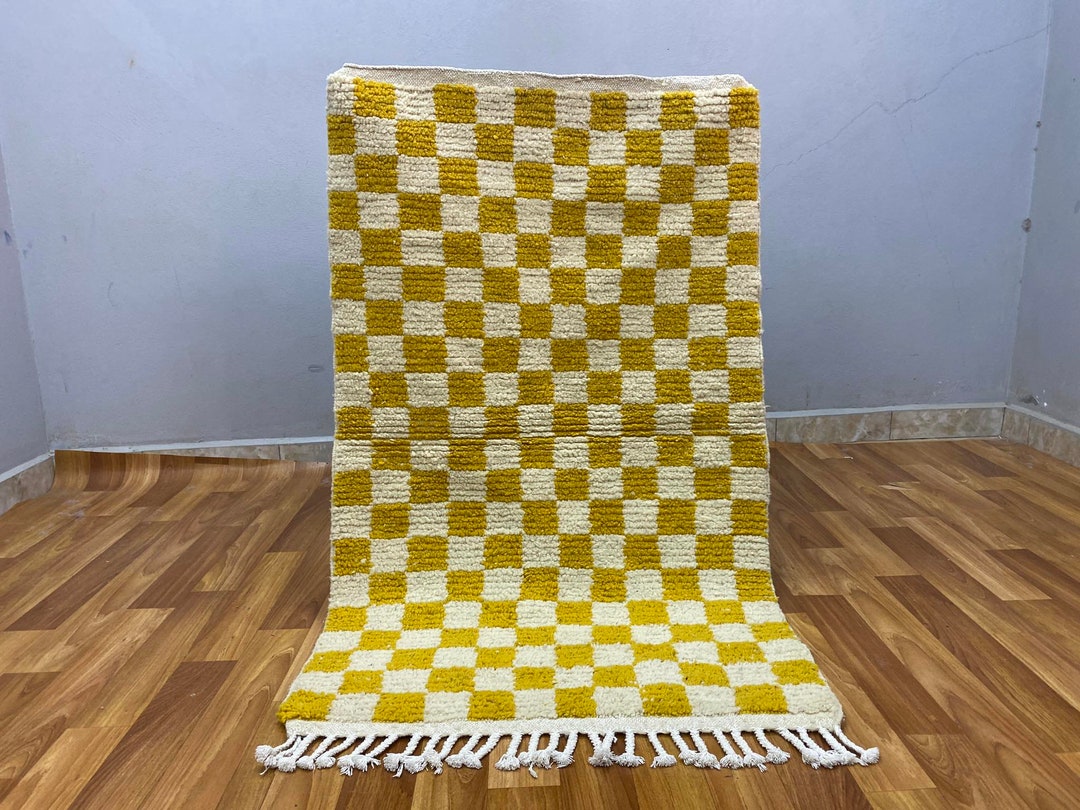 Bohemian Kitchen Rug 80x145 Cm Small Checkered Rug Yellow Hand Loomed ...