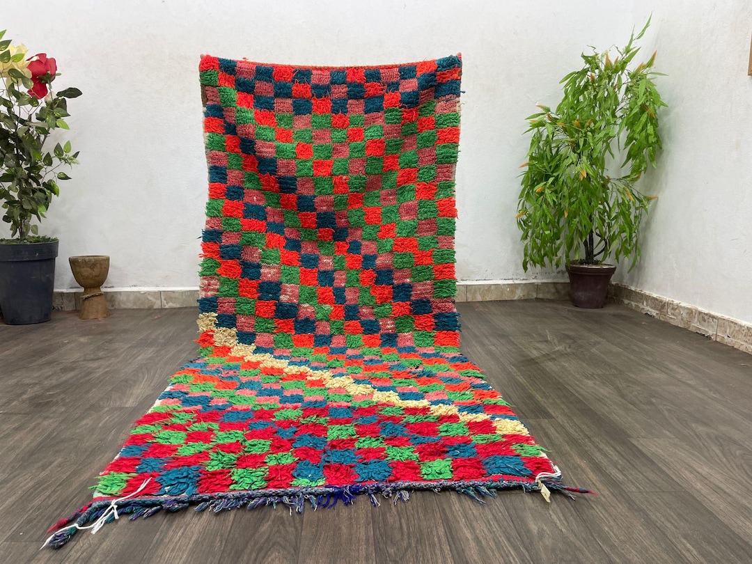 Checkered Rug Colorful - Beni Ourain Carpet Runner - Bathroom Decor ...