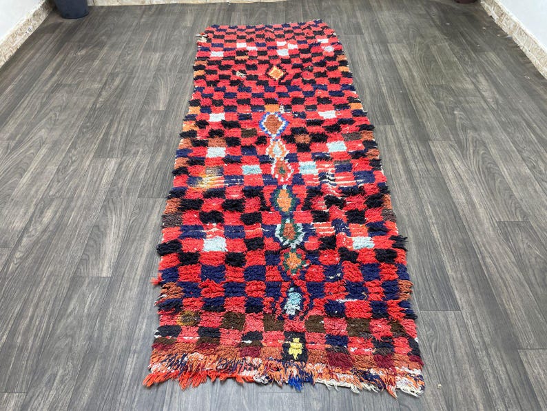 Checkered Red Moroccan Wool Runner 3x7, Nomadic Geometric Carpet, Boho ...
