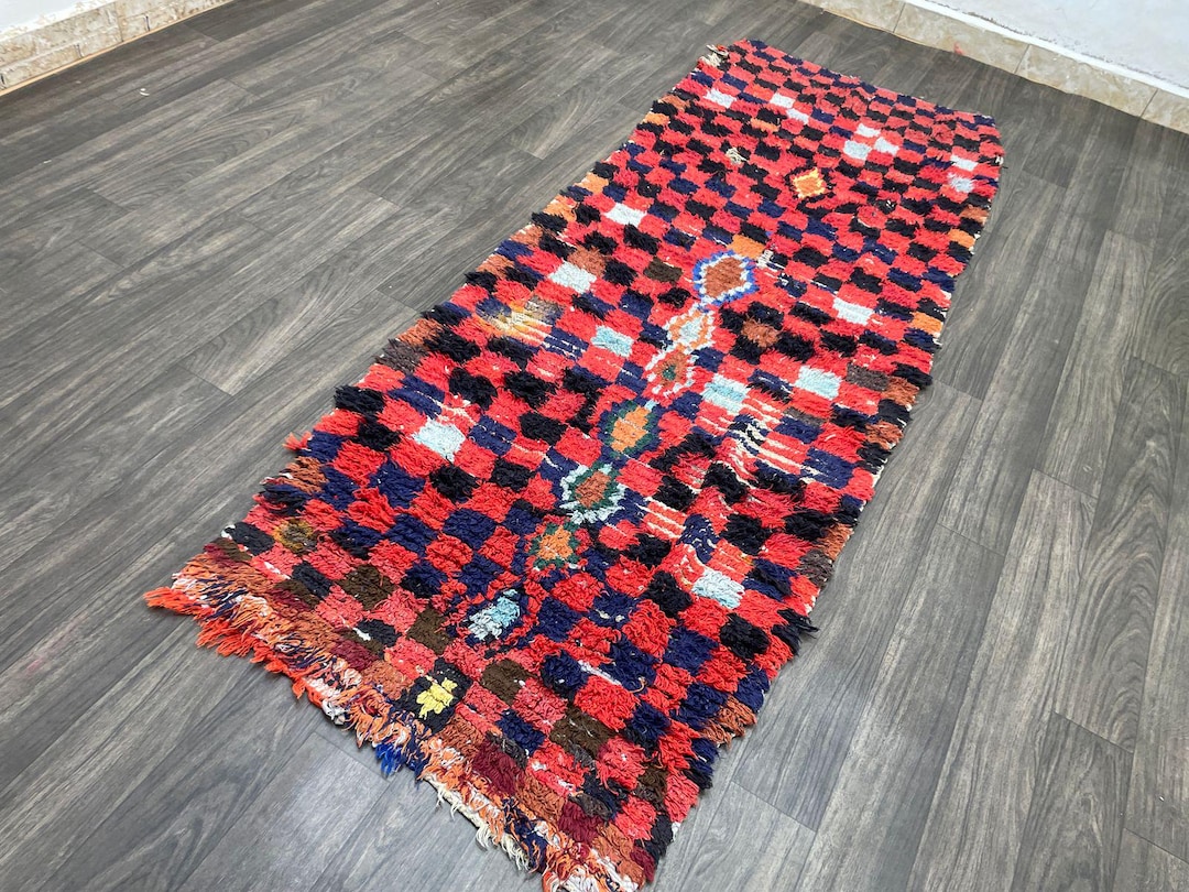 Checkered Red Moroccan Wool Runner 3x7, Nomadic Geometric Carpet, Boho ...