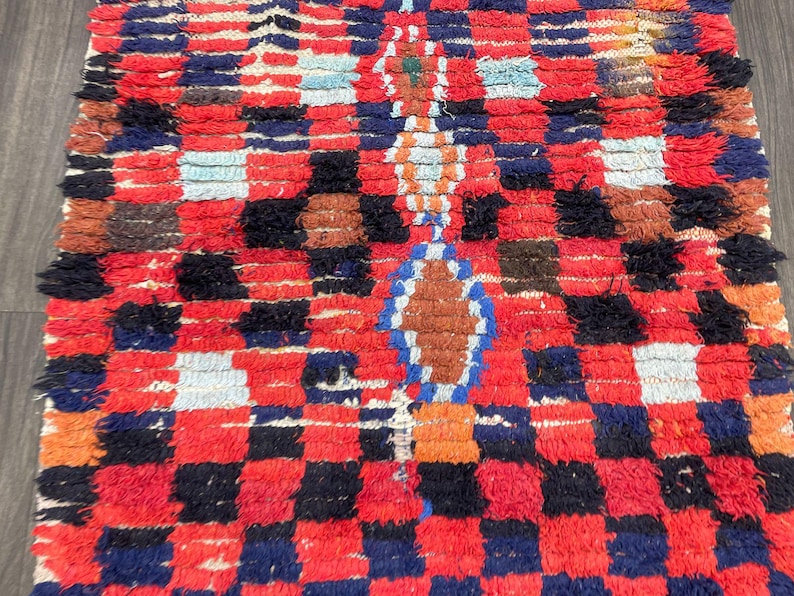 Checkered Red Moroccan Wool Runner 3x7, Nomadic Geometric Carpet, Boho ...