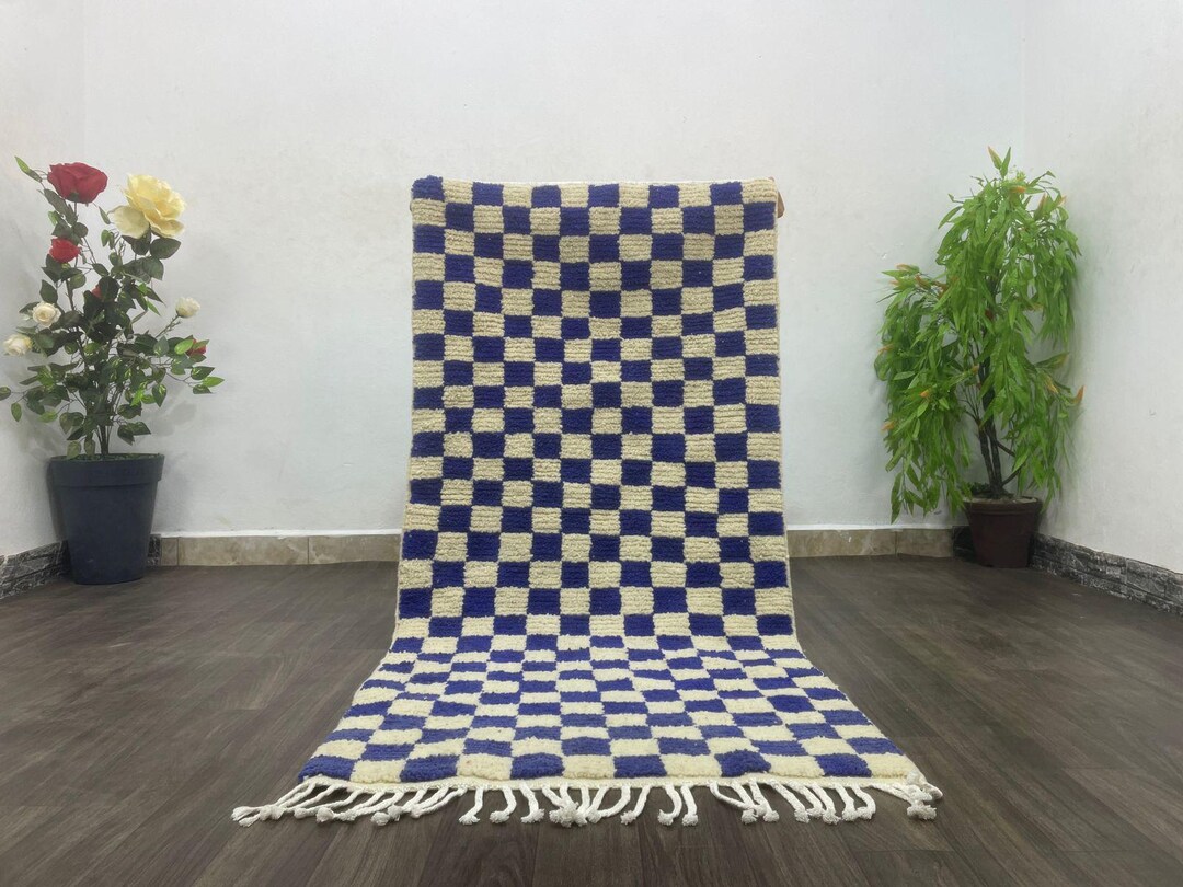 Authentic Moroccan Checkered Rug Blue, Washable Blue and White Rug 3x6 ...