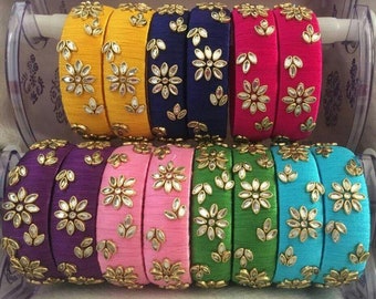 Buy Multicolor Silk Thread Metal Bangles Set of 24 Bangles Online in ...