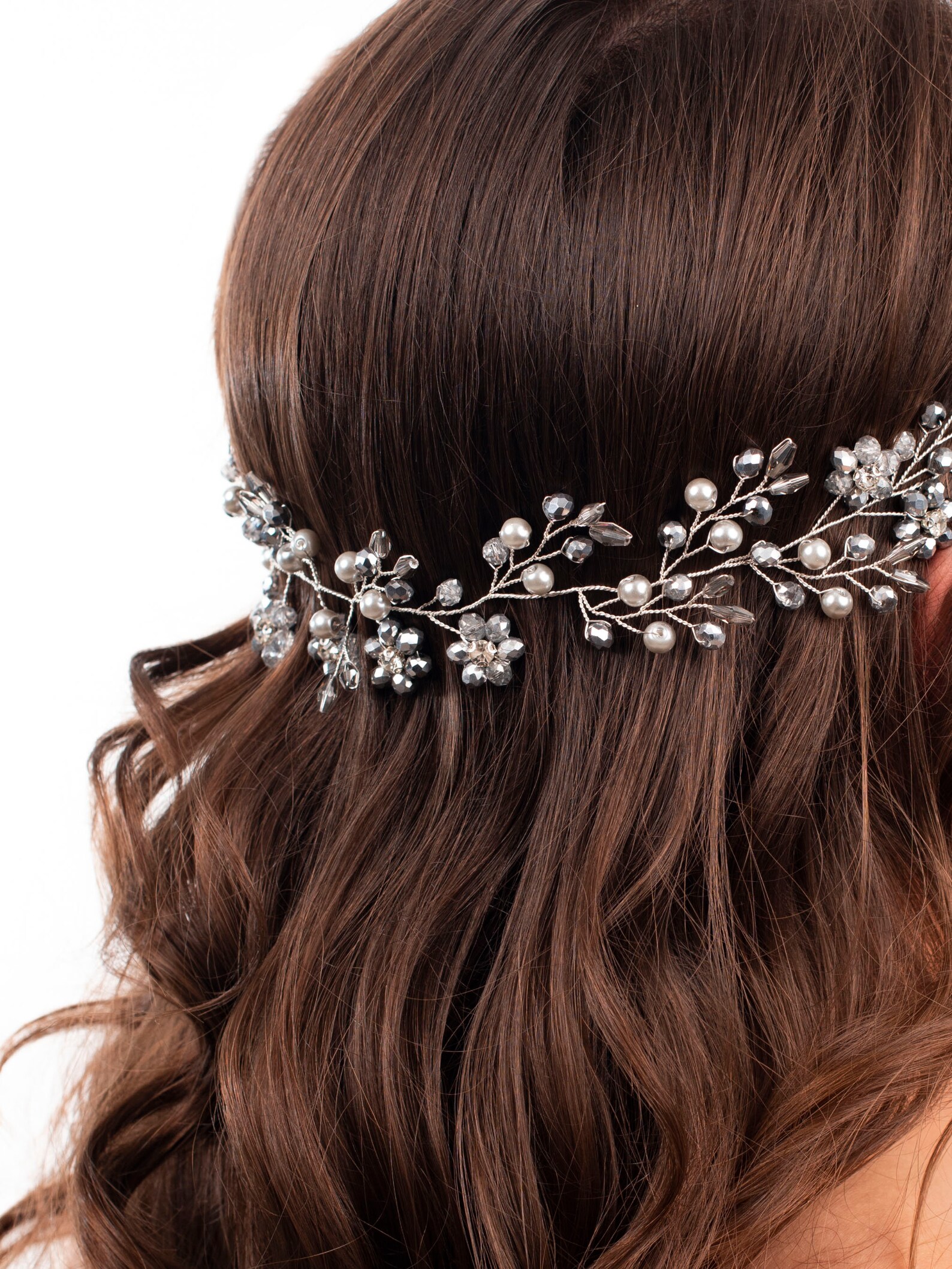 Bridal Pearl Crystal Hair Vine Tiara, Floral Rhinestone Wedding Hair ...