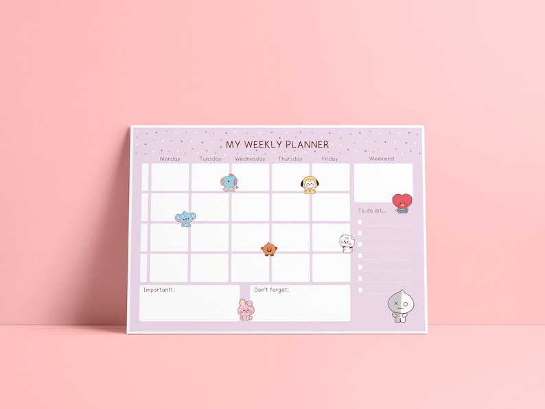 Printable Weekly Planner A-4 BTS BT21 Characters Printable Weekly ...