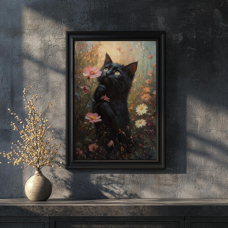 Black Cat Floral Canvas Wall Art Physical Print Dark Interior Decor ...
