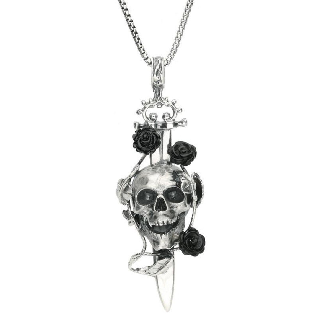 Sterling Silver Whitby Jet Skull Dagger Rose Necklace - Etsy