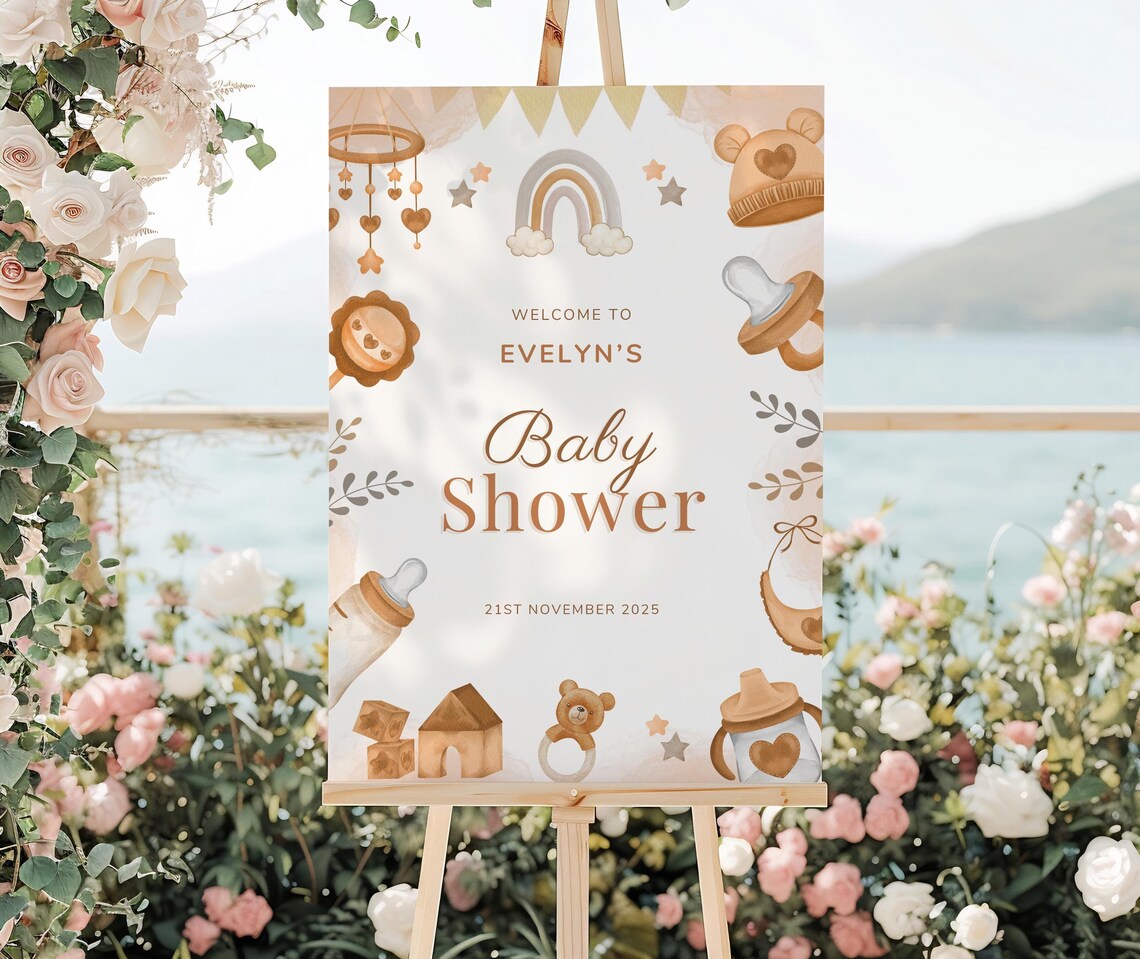 Gender Neutral Baby Shower Welcome Sign, Beige Baby Shower Sign, Baby ...