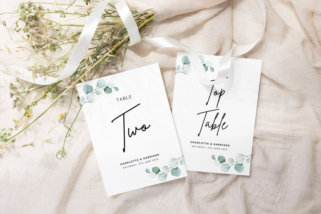 Eucalyptus Table Number Cards, Printed Table Numbers, Wedding Table ...