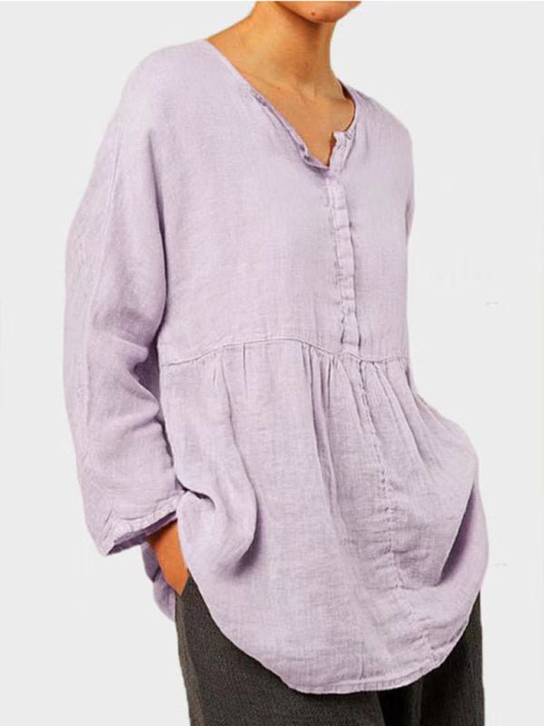 Linen Tunic Blouse Long Sleeve Cotton Shirt Dresses Buttons Tunics ...