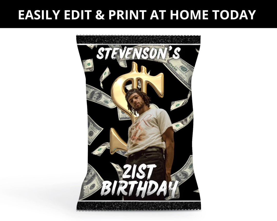 Black Money Print Birthday Chip Bag Template - Etsy