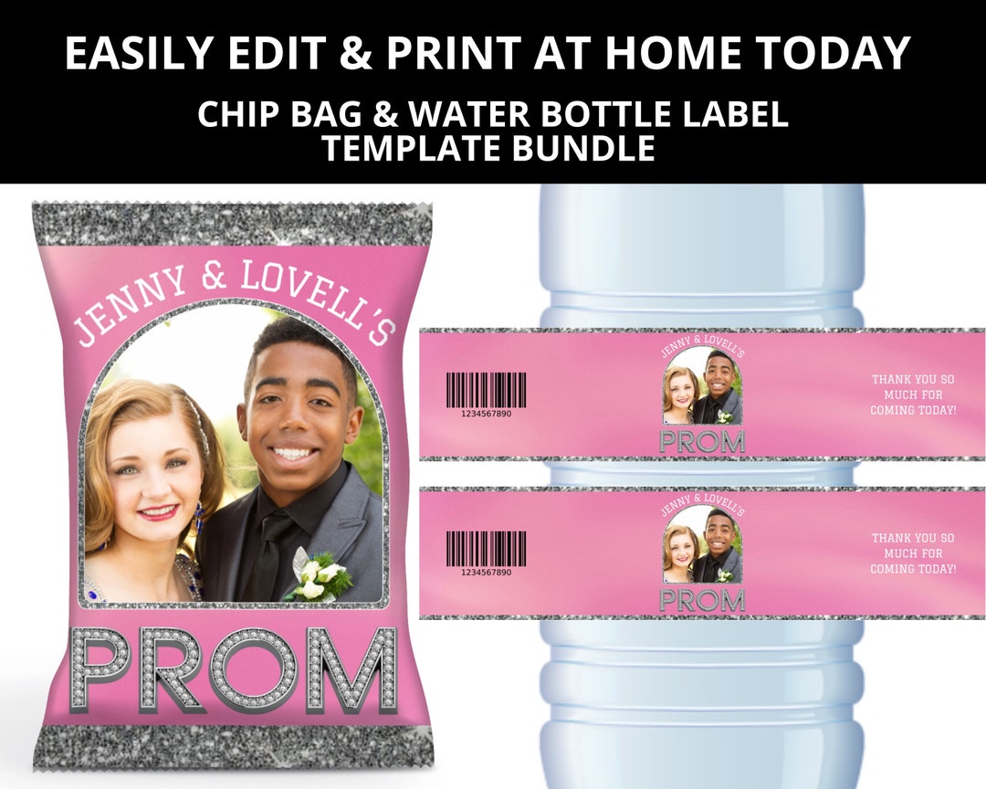 Pink and Silver Glam Prom Sendoff Chip Bag & Water Bottle Label ...