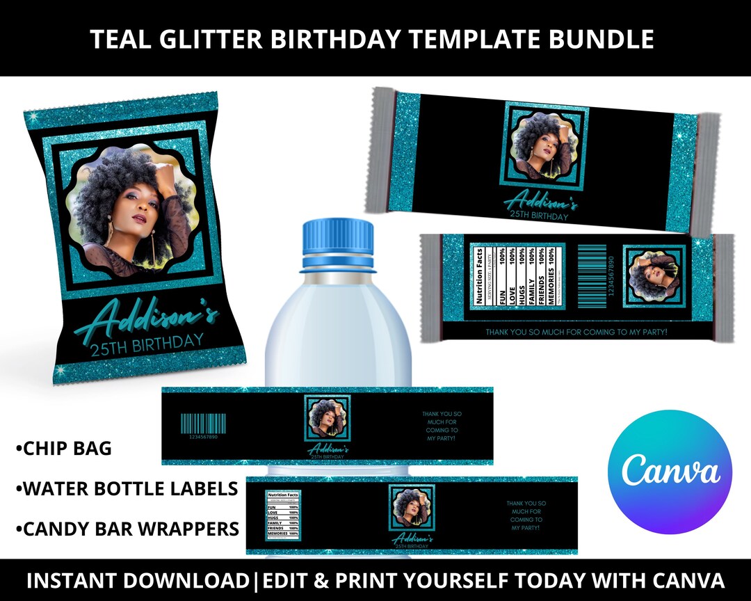 Teal & Black Birthday Party Template Bundle, Glitter Happy Birthday ...