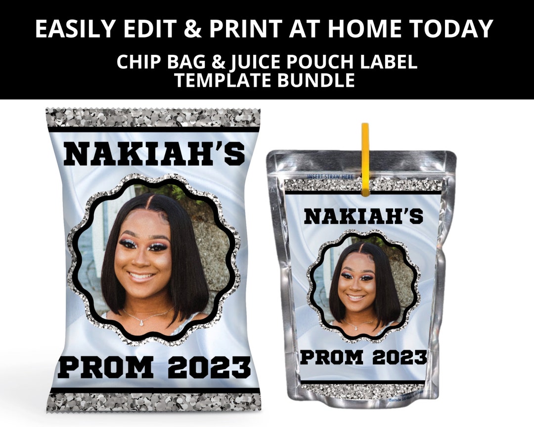 White and Silver Glam Prom Chip Bag & Juice Pouch Label Template Bundle ...