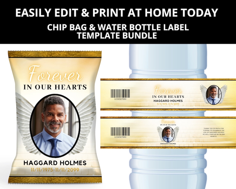 Gold Funeral Template Bundle Funeral Chip Bag & Water Bottle - Etsy