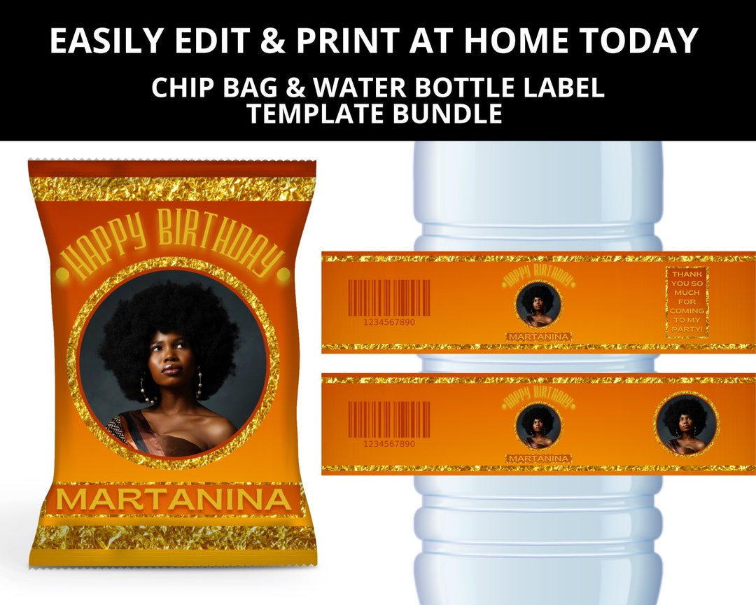 Editable Ombre Orange and Gold Foil Birthday Chip Bag & Water Bottle ...
