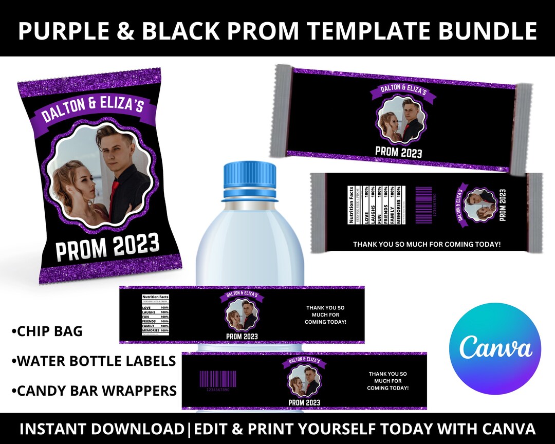 Purple & Black Prom Template Bundle, Prom 2023 Chips, Water Bottle ...