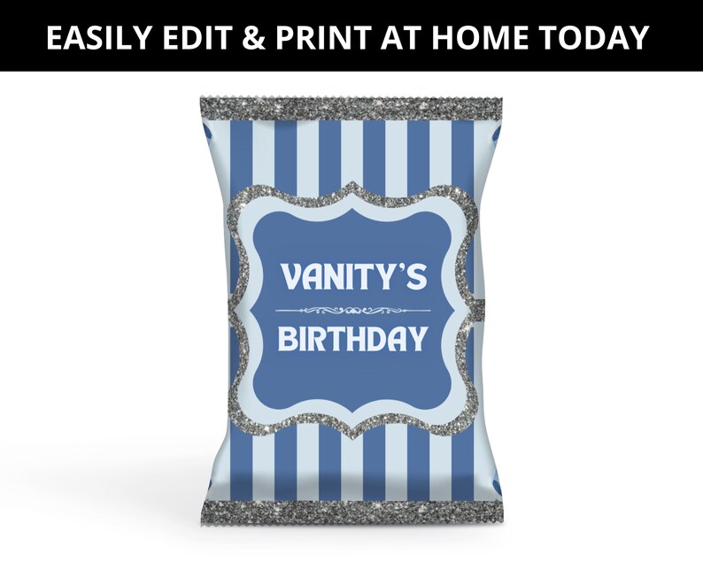 Blue Striped Chip Bag Template Printable Chip Pouch Glitter - Etsy