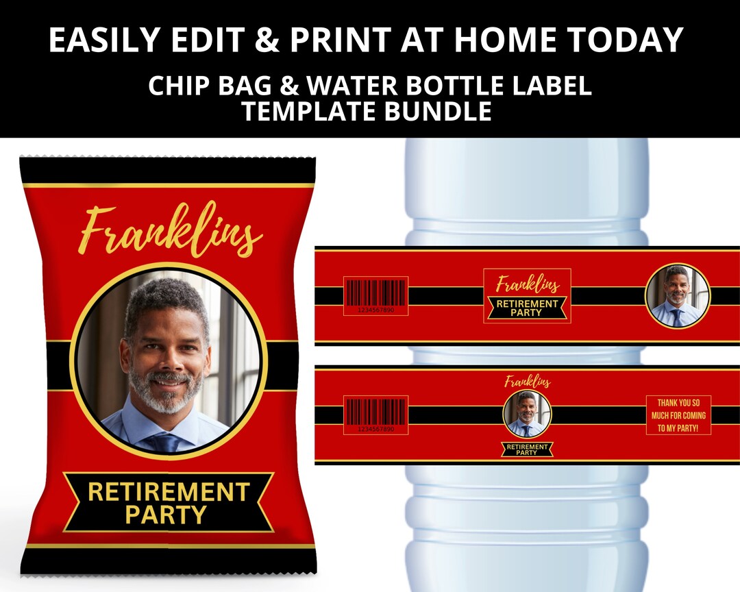 Red Retirement Party Chip Bag & Water Bottle Label Template Bundle - Etsy