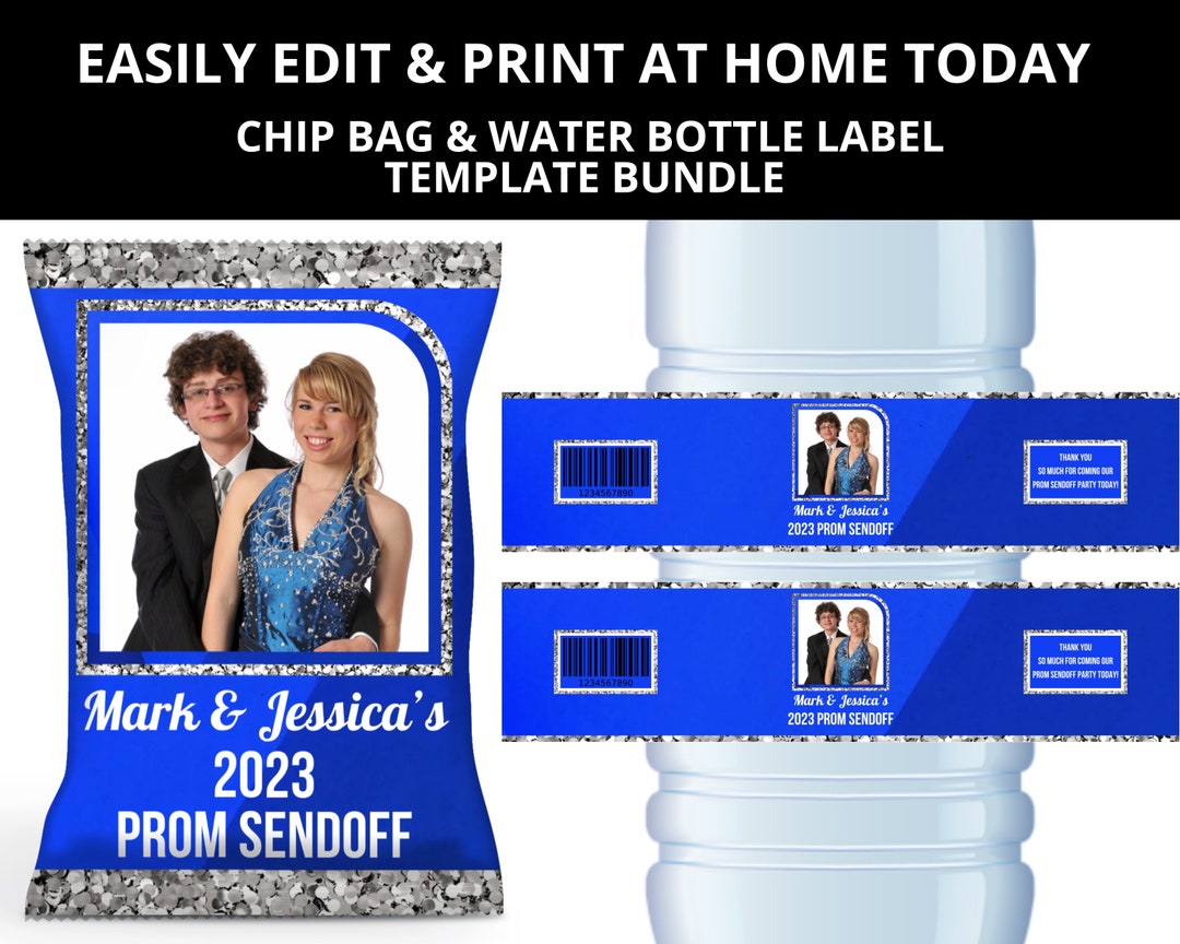 Blue and Silver Prom Chip Bag & Water Bottle Label Template Bundle ...
