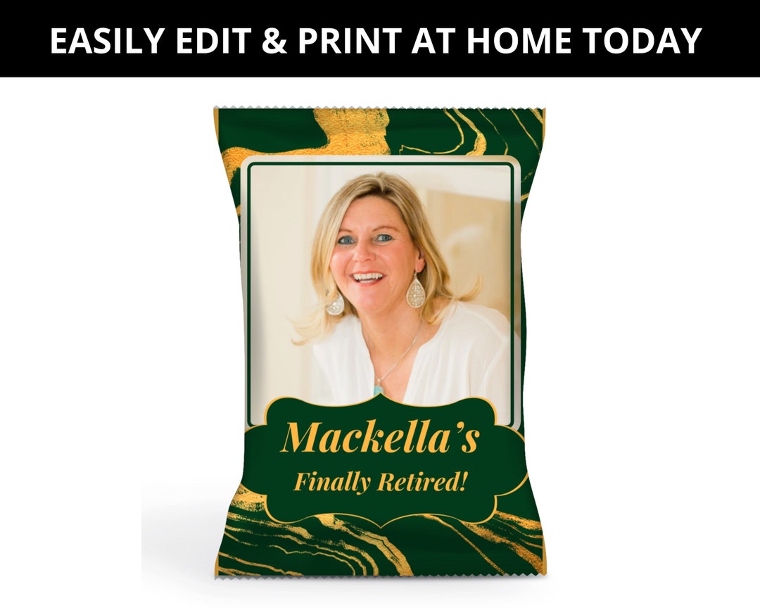 Gold & Green Retirement Party Chip Bag Template, Gold Retirement Favors ...