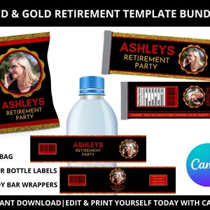 Red and Gold Retirement Chip Bag, Water Bottle Labels & Candy Bar ...