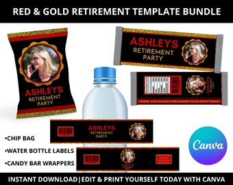 Blue and Gold Retirement Chip Bag, Water Bottle Labels & Candy Bar ...