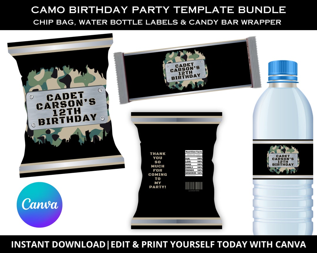 Camo Birthday Party Template Bundle, Camo Chip Bag, Camo Candy Bar ...