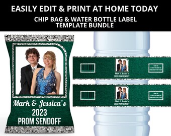 Black and Silver Prom Party Template Bundle, 2023 Prom Chip Bag & Water ...