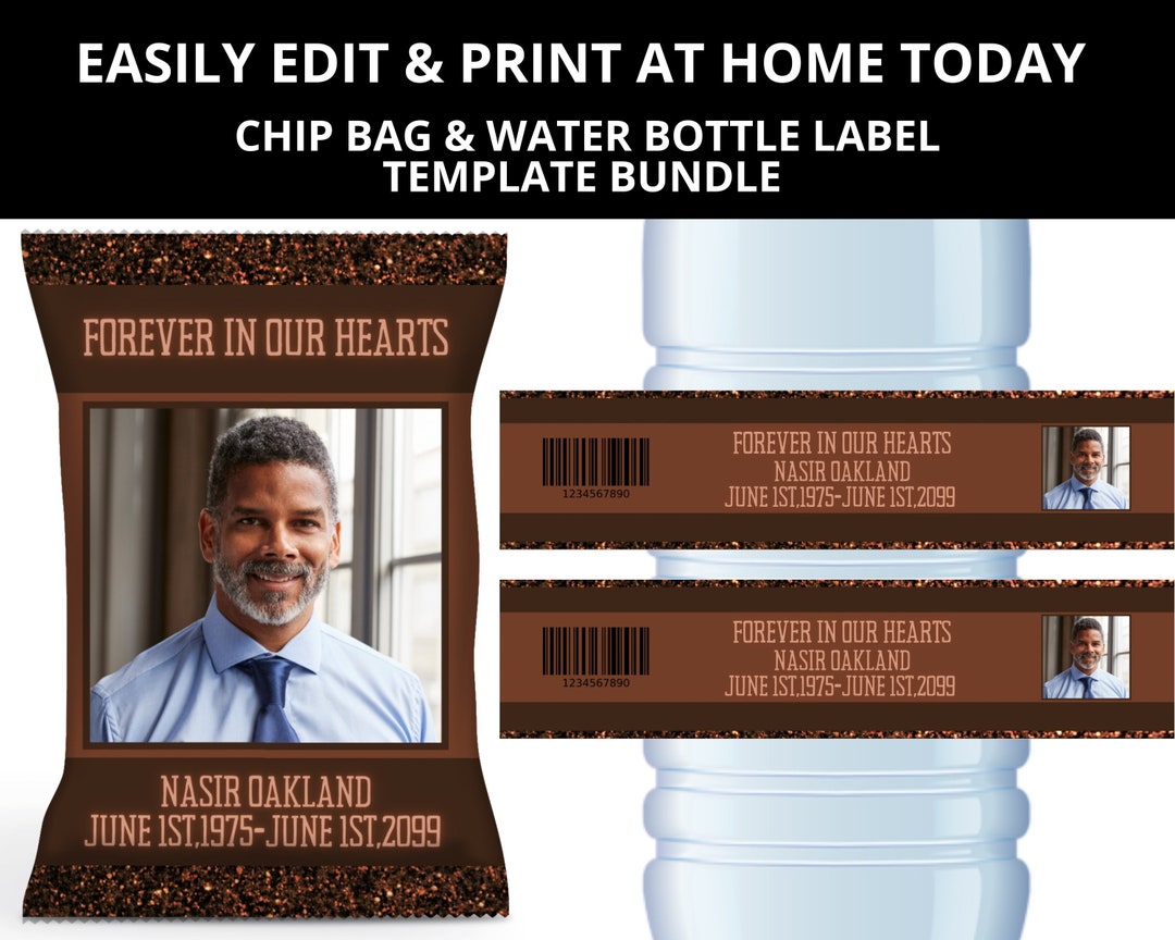 Brown Funeral Chip Bag & Water Bottle Label Template Bundle, Shades of ...
