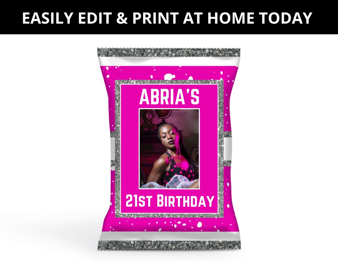 Pink Sparkle Splatter Chip Bag Template, 21st Birthday Chips, Hot Pink ...