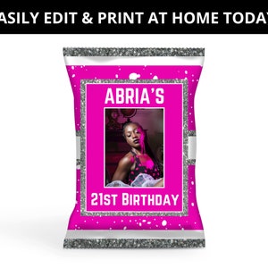 Pink Sparkle Splatter Chip Bag Template, 21st Birthday Chips, Hot Pink ...