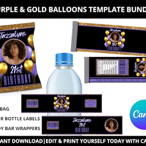 Editable Purple and Gold Chip Bag, Water Bottle Labels & Candy Bar ...