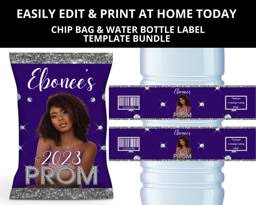 Purple and Silver 2023 Prom Chip Bag & Water Bottle Label Template ...