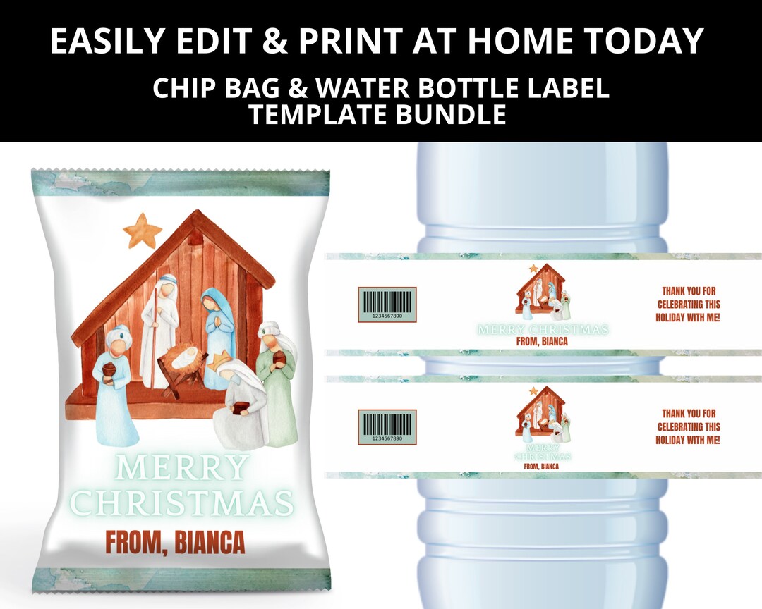 Nativity Christmas Chip Bag & Water Bottle Label Template Bundle - Etsy