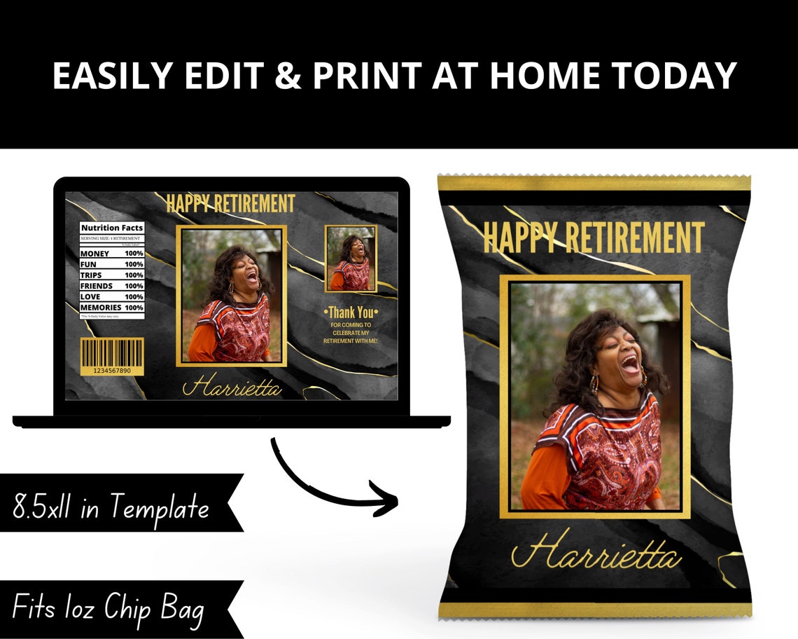 Black & Gold Marble Retirement Chip Bag Template Gold - Etsy